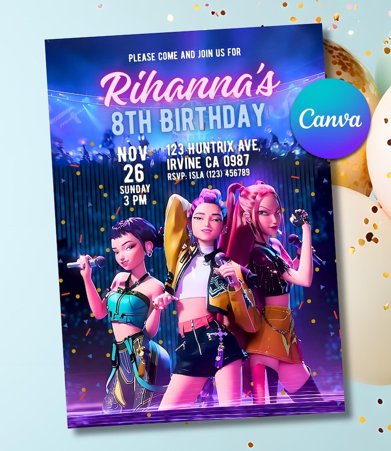 K-pop Demon Hunters Birthday Invitation, Editable Canva Template - Etsy