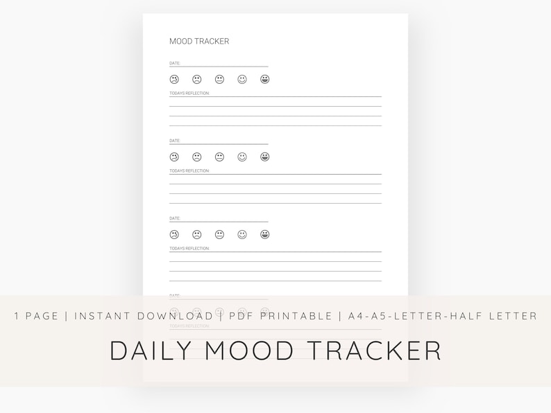 Daily Mood Tracker Printable Mental Health Worksheet Emotion Tracker Wellbeing Reflection ...