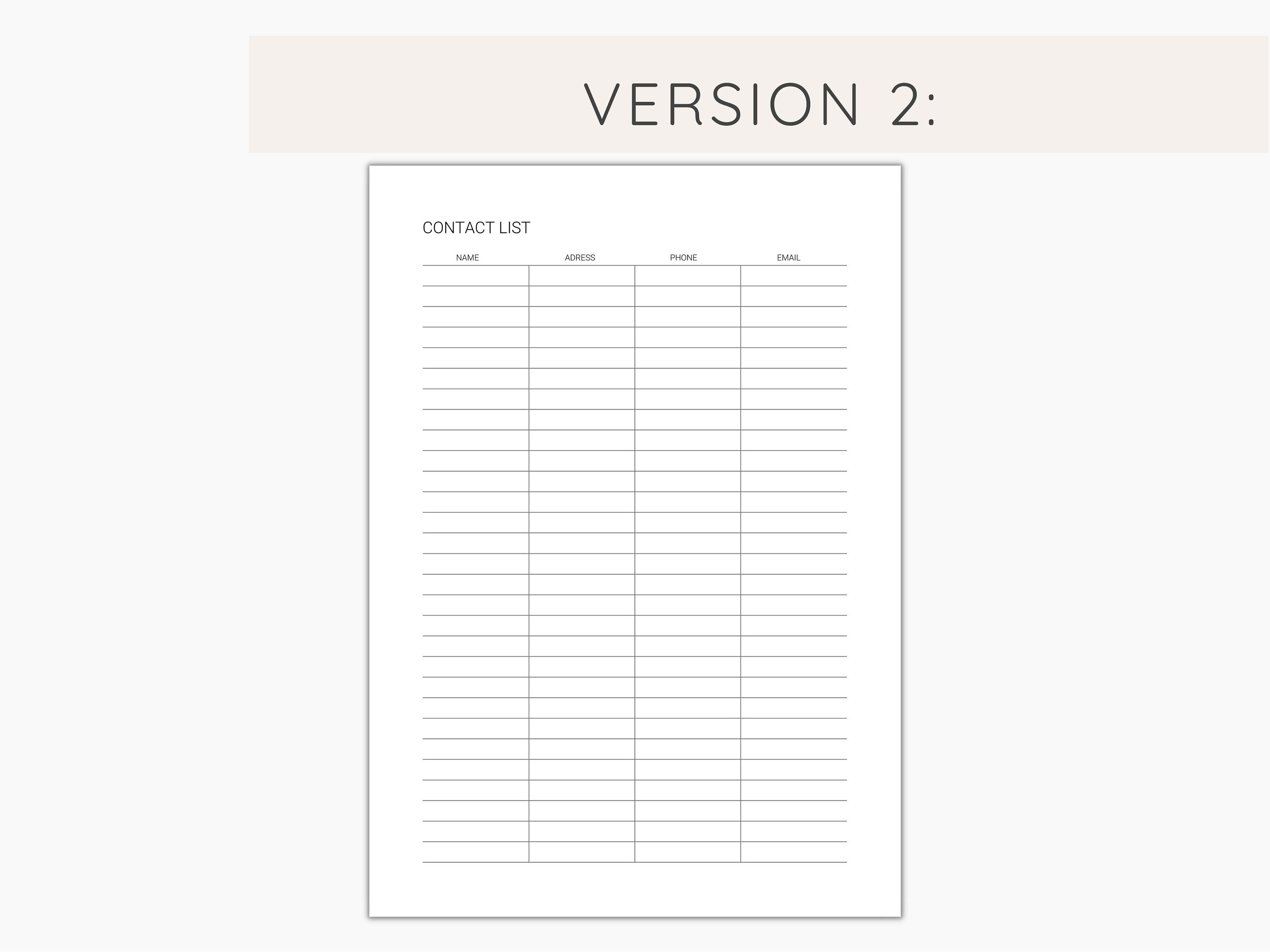 Contact List Printable Contacts Organizer Printable Planner Inserts ...