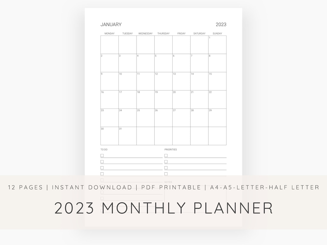2023 Monthly Planner Printables - 2023 Calendar - Monthly Agenda ...