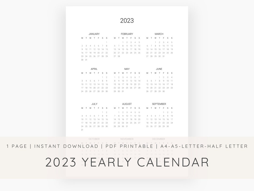 2023 Yearly Calendar Printable - Year at A Glance - Minimalist Calendar ...