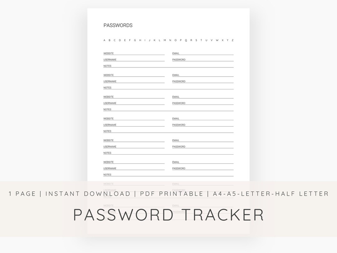 Password Tracker Printable - Password Organizer - Password Keeper ...