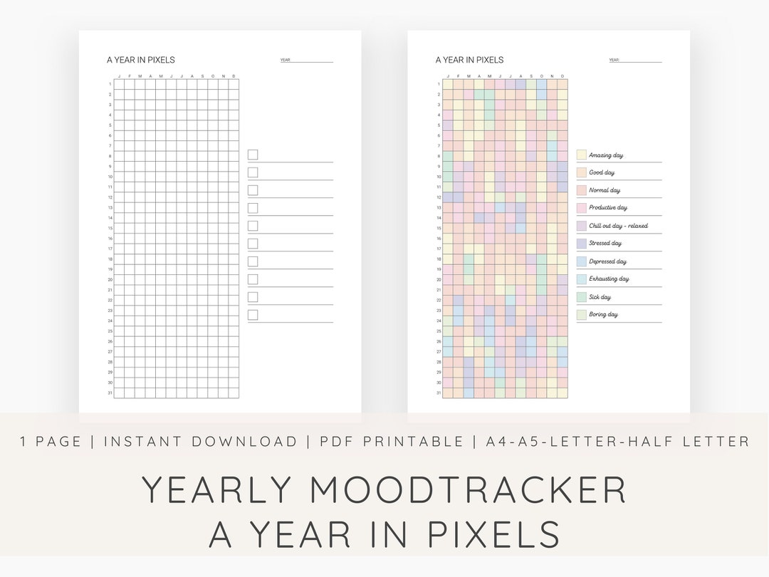 A Year in Pixels Yearly Mood Tracker Printable Wellbeing Printable Year ...
