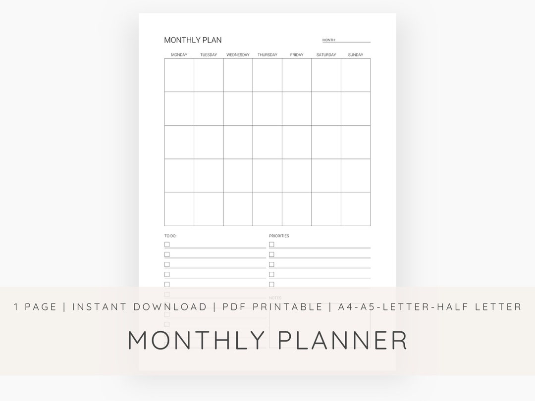 Monthly Planner Printable - Undated Monthly Calendar - Printable ...
