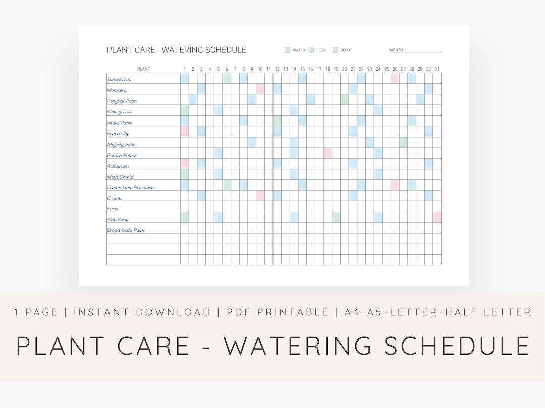 Plant Care Watering Schedule Printable - Monthly Plant Care Tracker ...