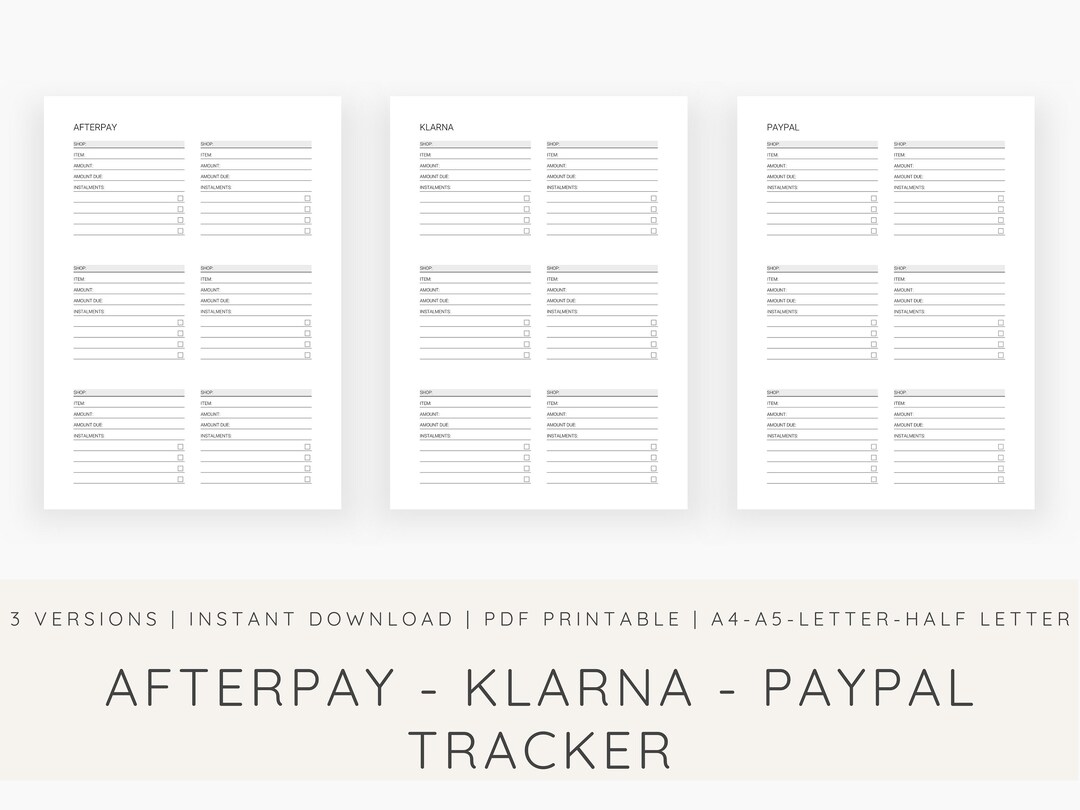 Afterpay Klarna Paypal Tracker Printable Online Shopping Budget Planner ...