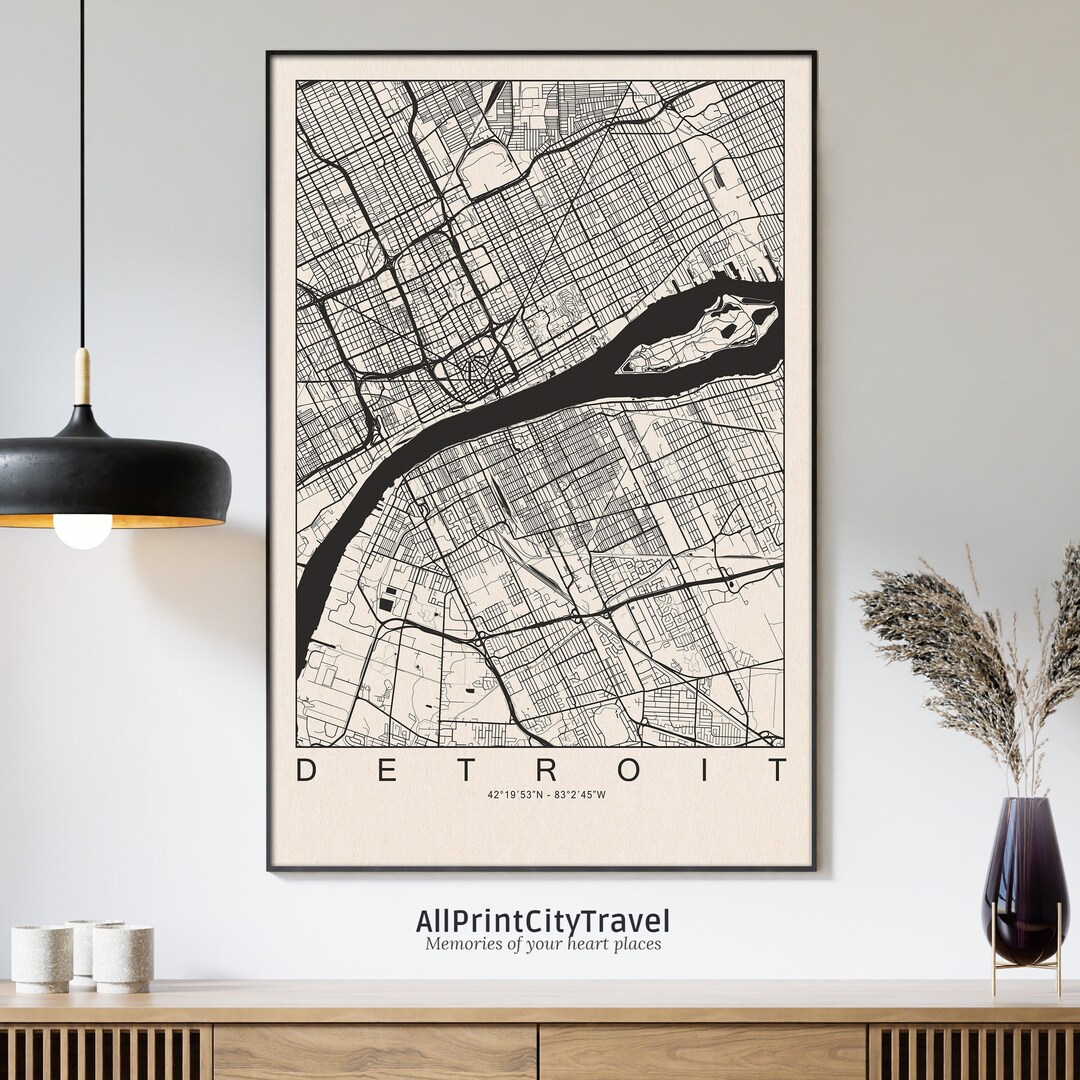 Detroit Poster Map, City Travel Print, Poster Print, Print Black and ...