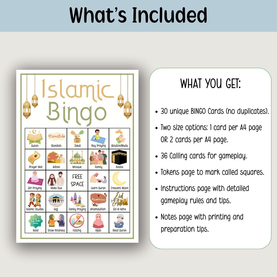 Islamic Bingo Cards Printable Homeschool Islam Activity Kids and Adult ...