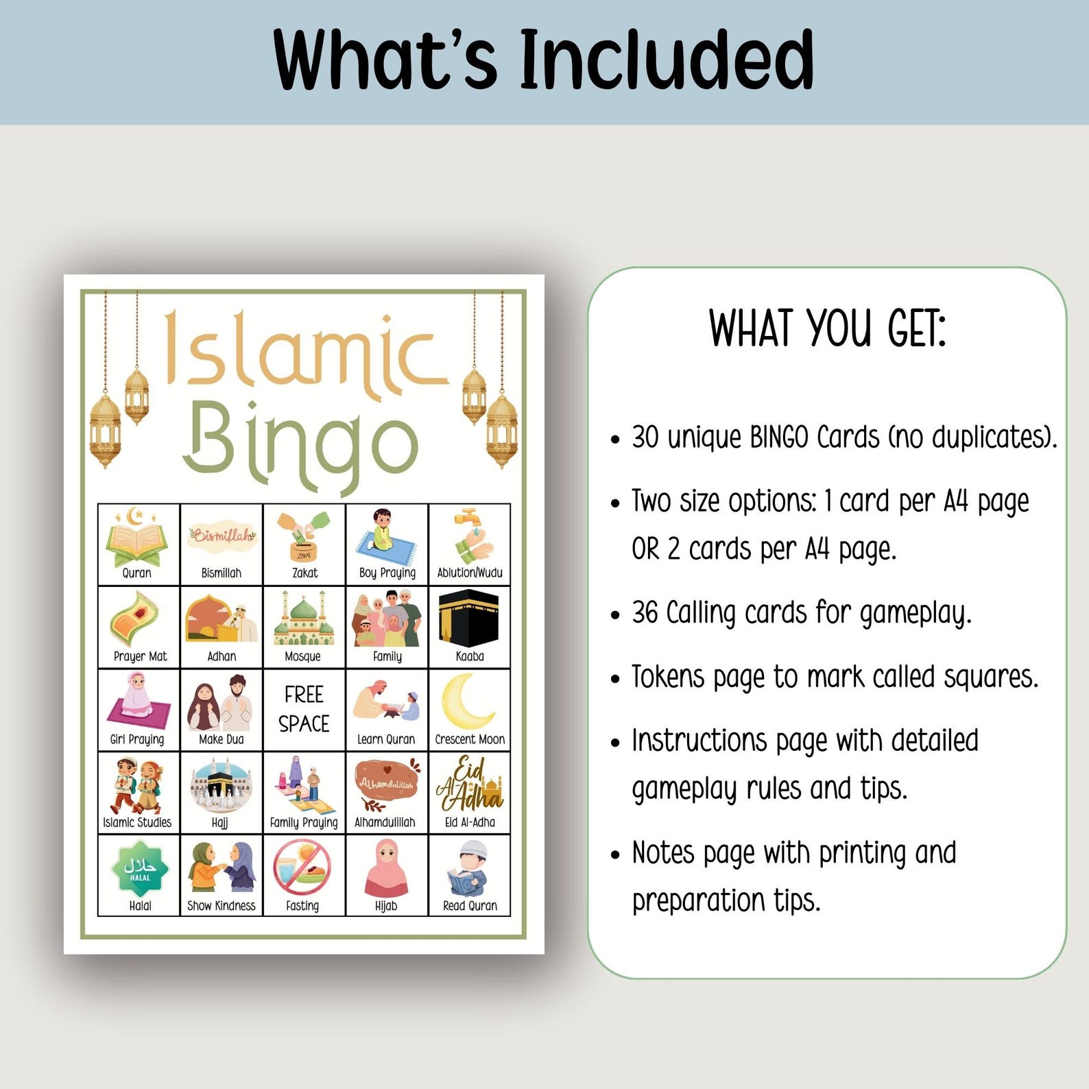 Islamic Bingo Cards Printable Homeschool Islam Activity Kids and Adult ...