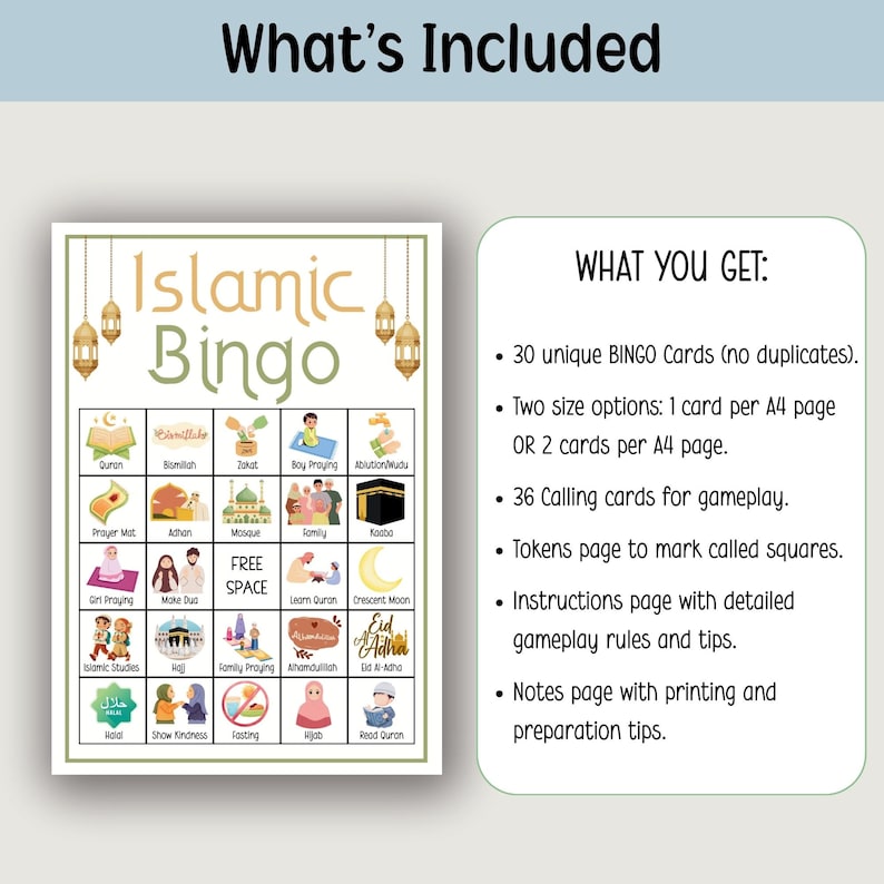 Islamic Bingo Cards Printable Homeschool Islam Activity Kids and Adult ...