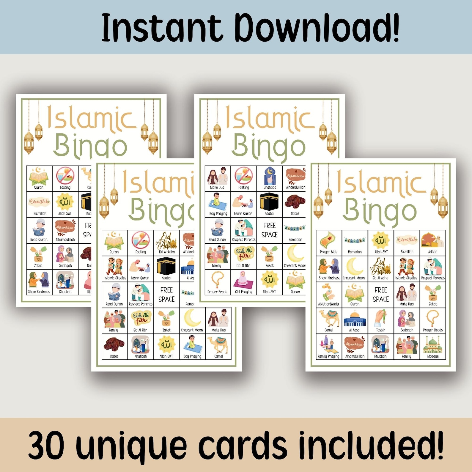Islamic Bingo Cards Printable Homeschool Islam Activity Kids and Adult ...