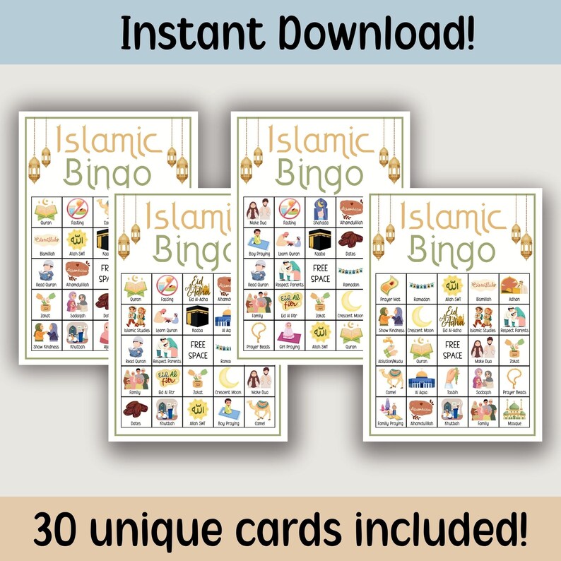 Islamic Bingo Cards Printable Homeschool Islam Activity Kids and Adult ...