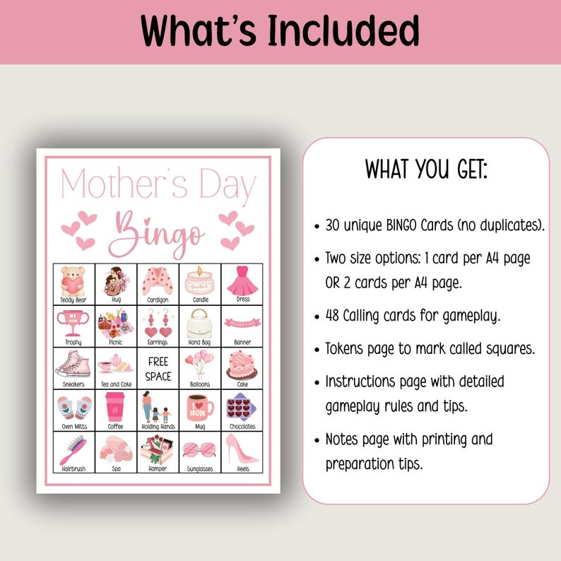 Mothers Day Bingo Cards Printable Mothers Day Activity Kids and Adult ...