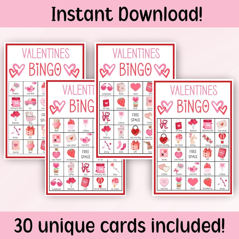 Valentines Day Bingo Cards Printable Classroom Valentines Activity Kids ...
