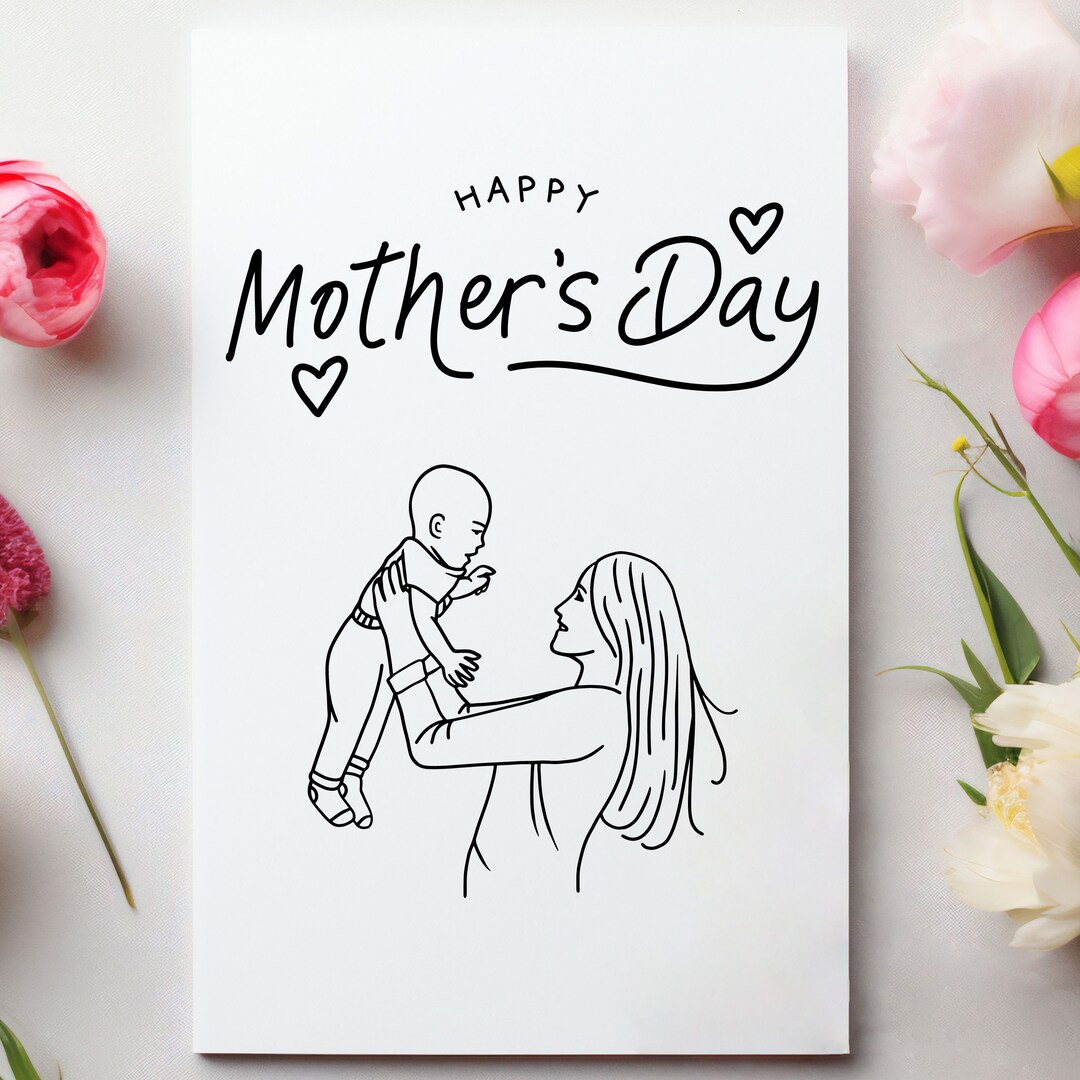 Mothers Day Card Mother and Child Mother and Baby Line Drawing Card for ...