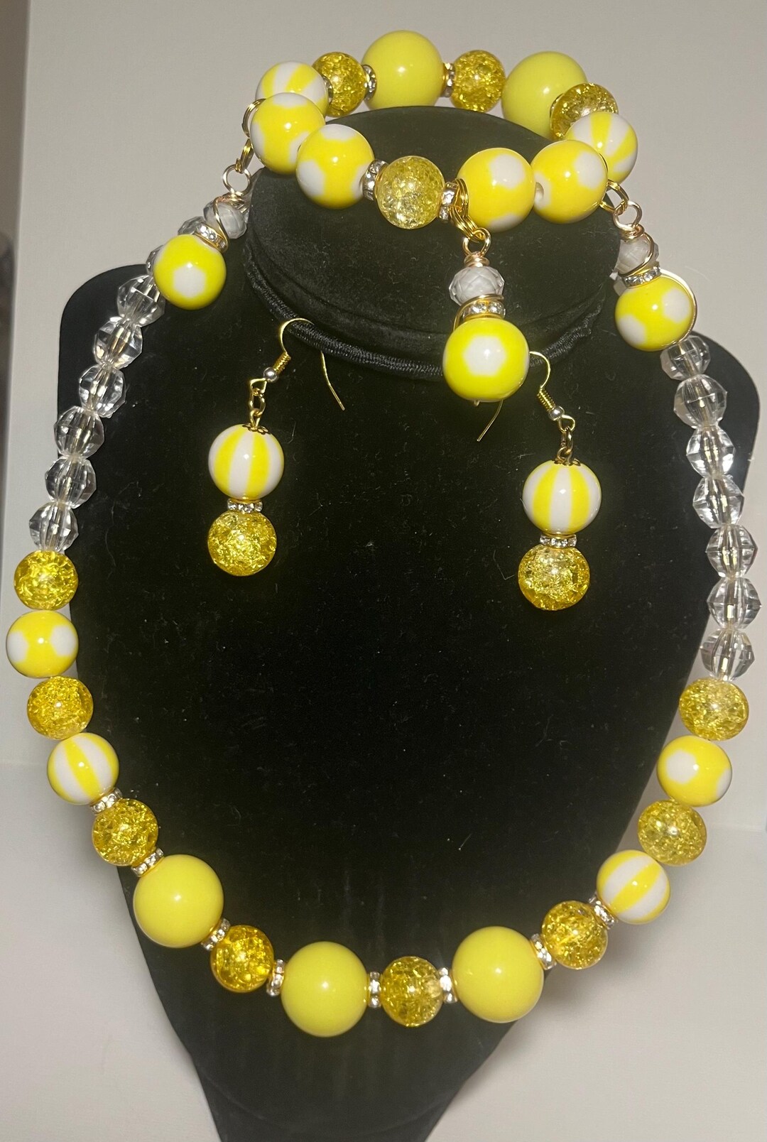 Yellow Beaded Jewelry Set: Statement Necklace, Stretch Bracelet ...