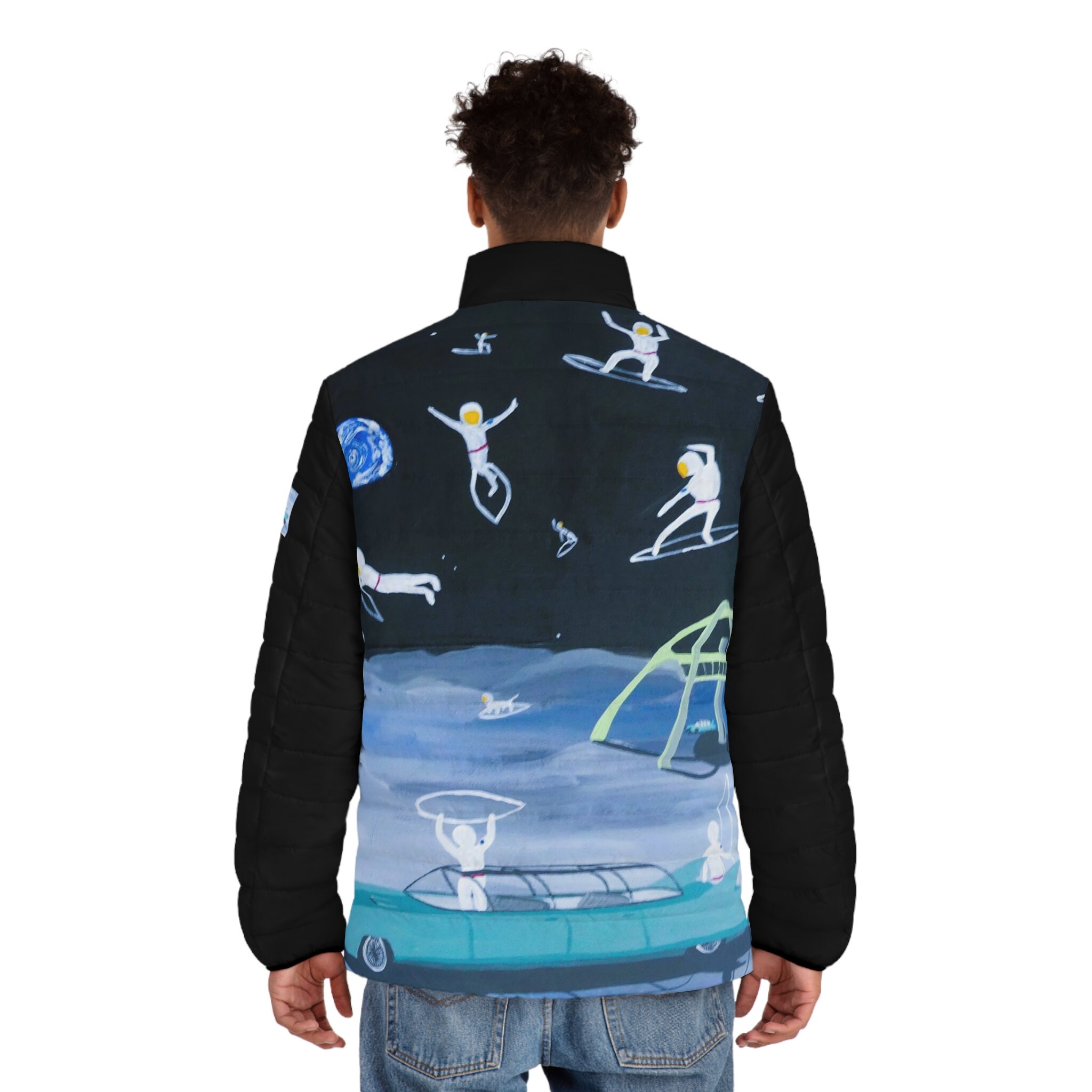 Seasidesart Surfing on the Moon Futuristic Car Men's Puffer Jacket AOP ...