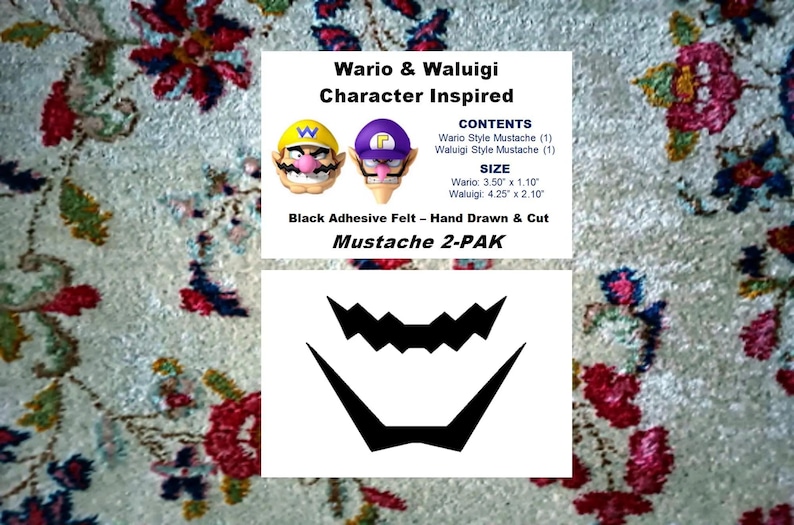 Wario & Waluigi Character Inspired Mustache Set, Black Adhesive Felt ...