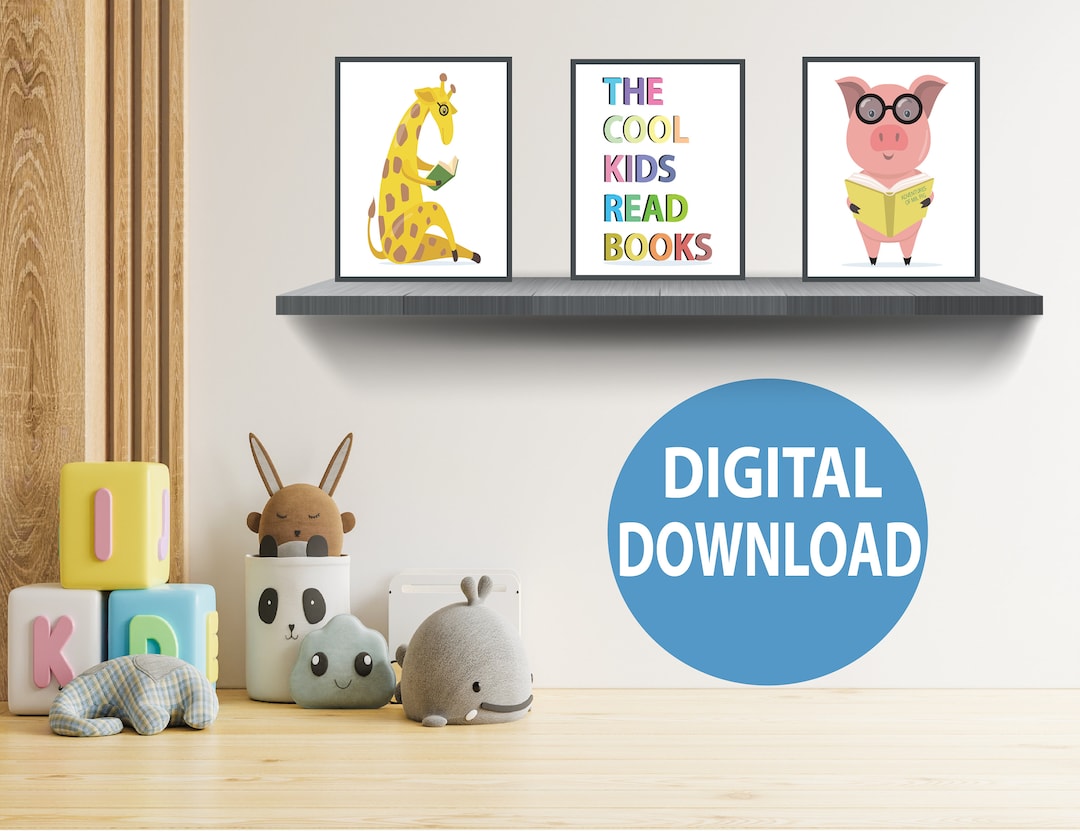 The Cool Kids Read Books - Set of 3 Digital Wall Art Prints, Kids Room ...