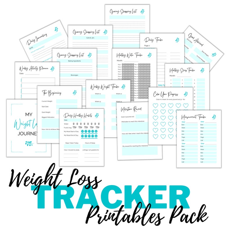 Weight Loss Journal Printable: Aqua, Instant Download PDF US Letter ...
