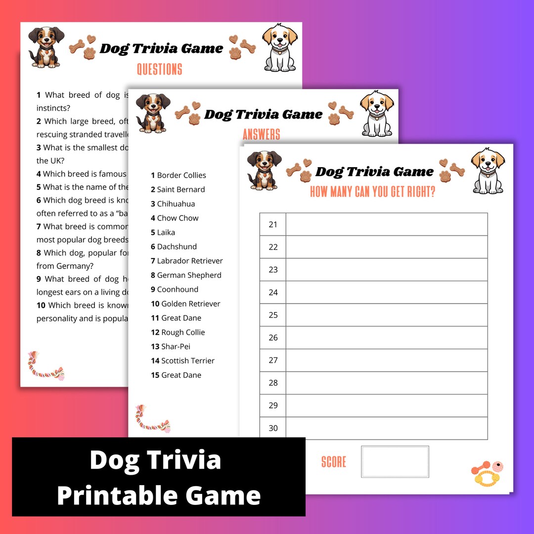 Dog Trivia Game, Trivia Questions and Answers, Pub Quiz, Printable ...