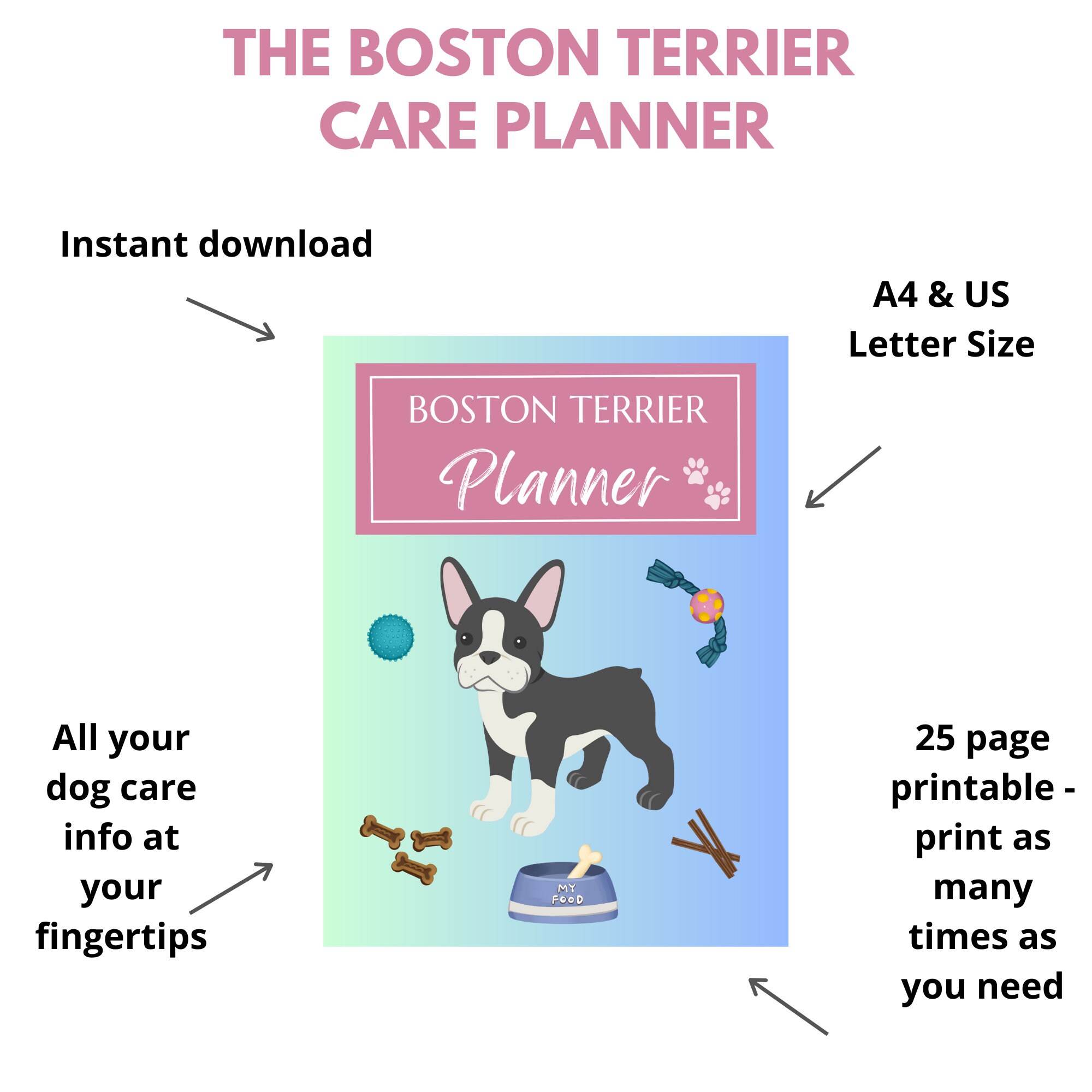 Dog Care Planner Printable: Boston Terrier | US Letter & A4, Dog Care ...