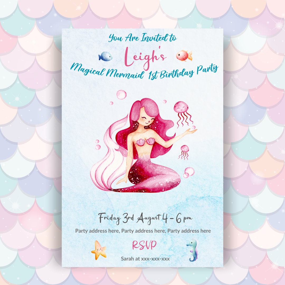 Pink Mermaid Birthday Invitation - Personalized for You, Mermaid ...