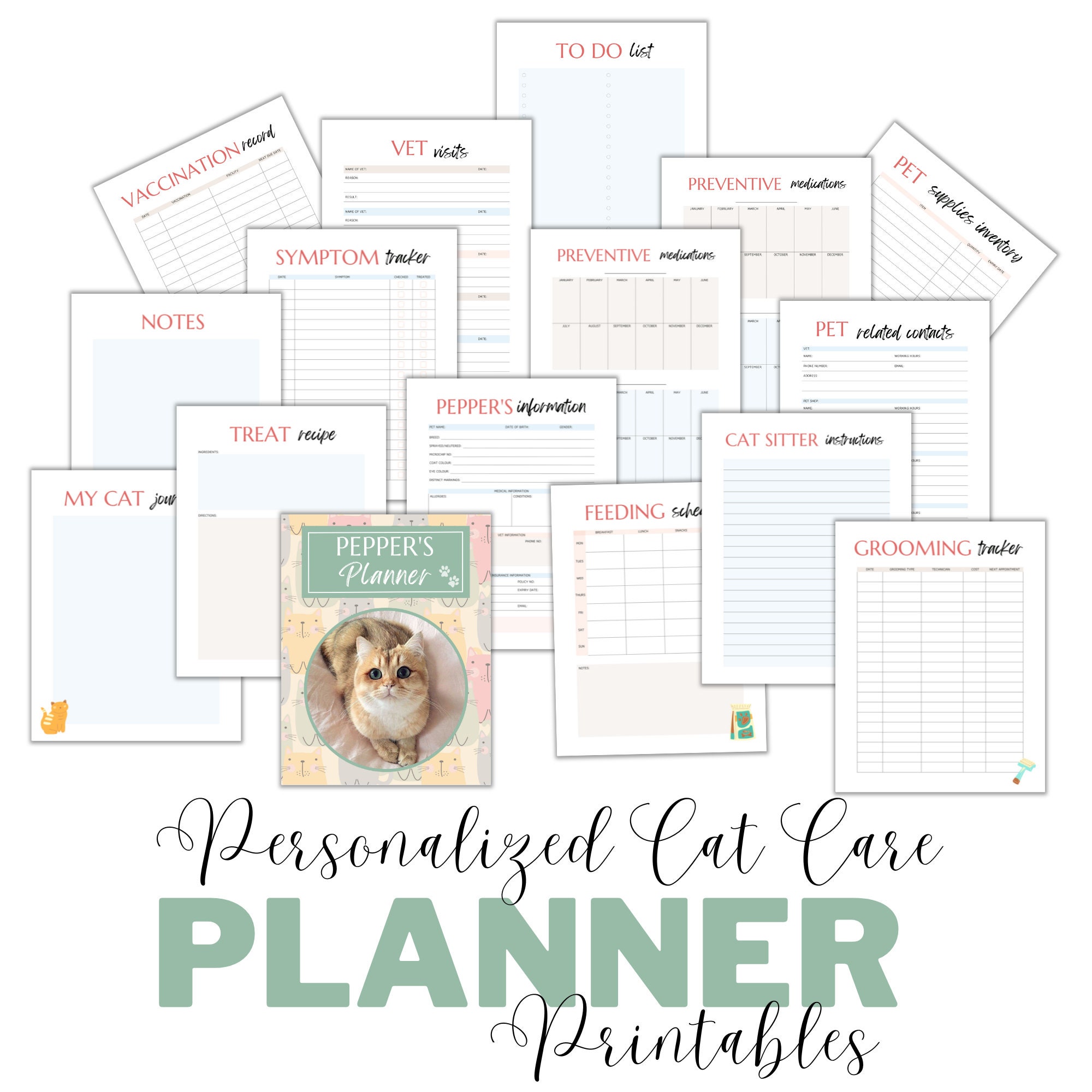 Personalized Cat Care Planner Printable, Includes Name & Photo, Cat ...