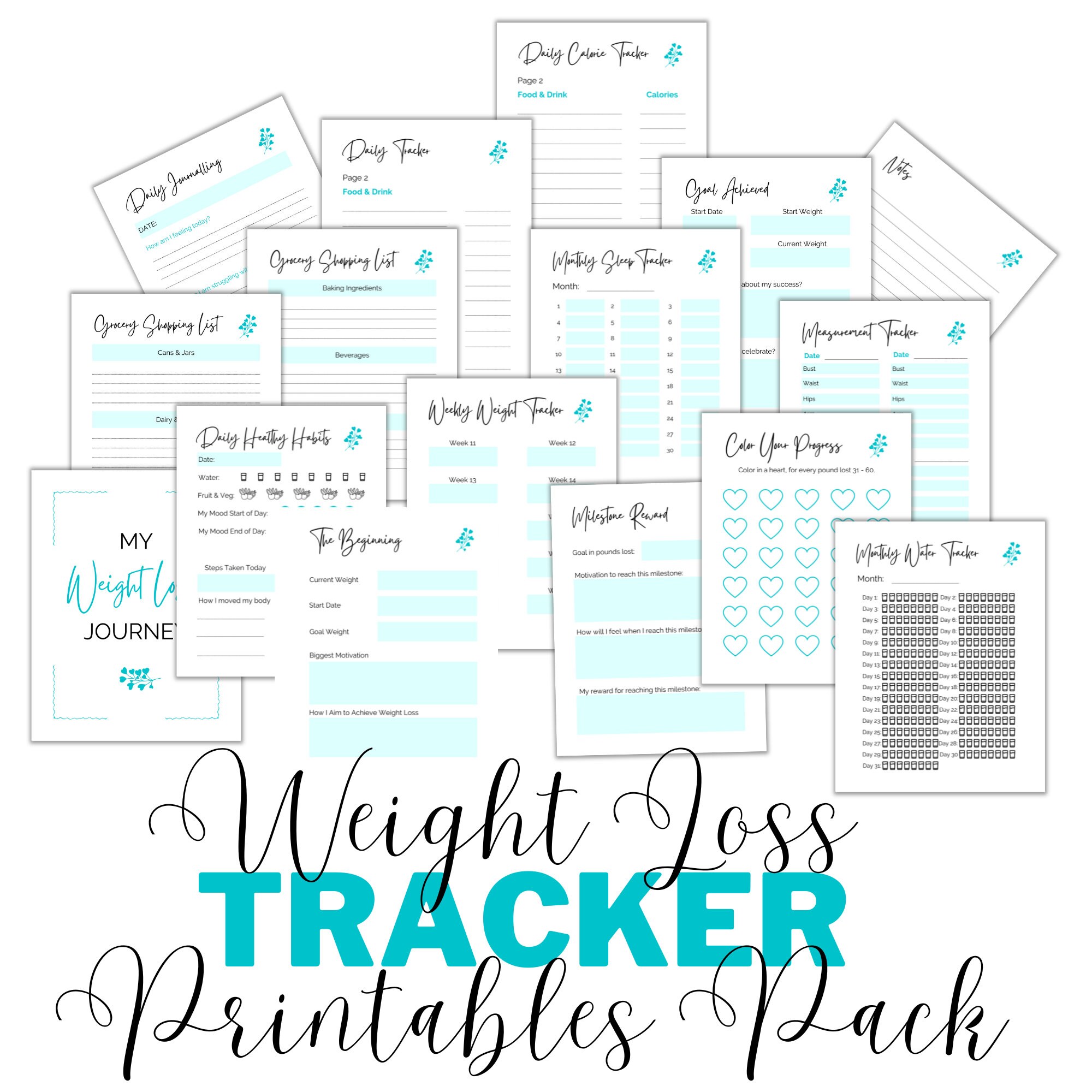 Weight Loss Journal Printable: Aqua, Instant Download PDF US Letter ...