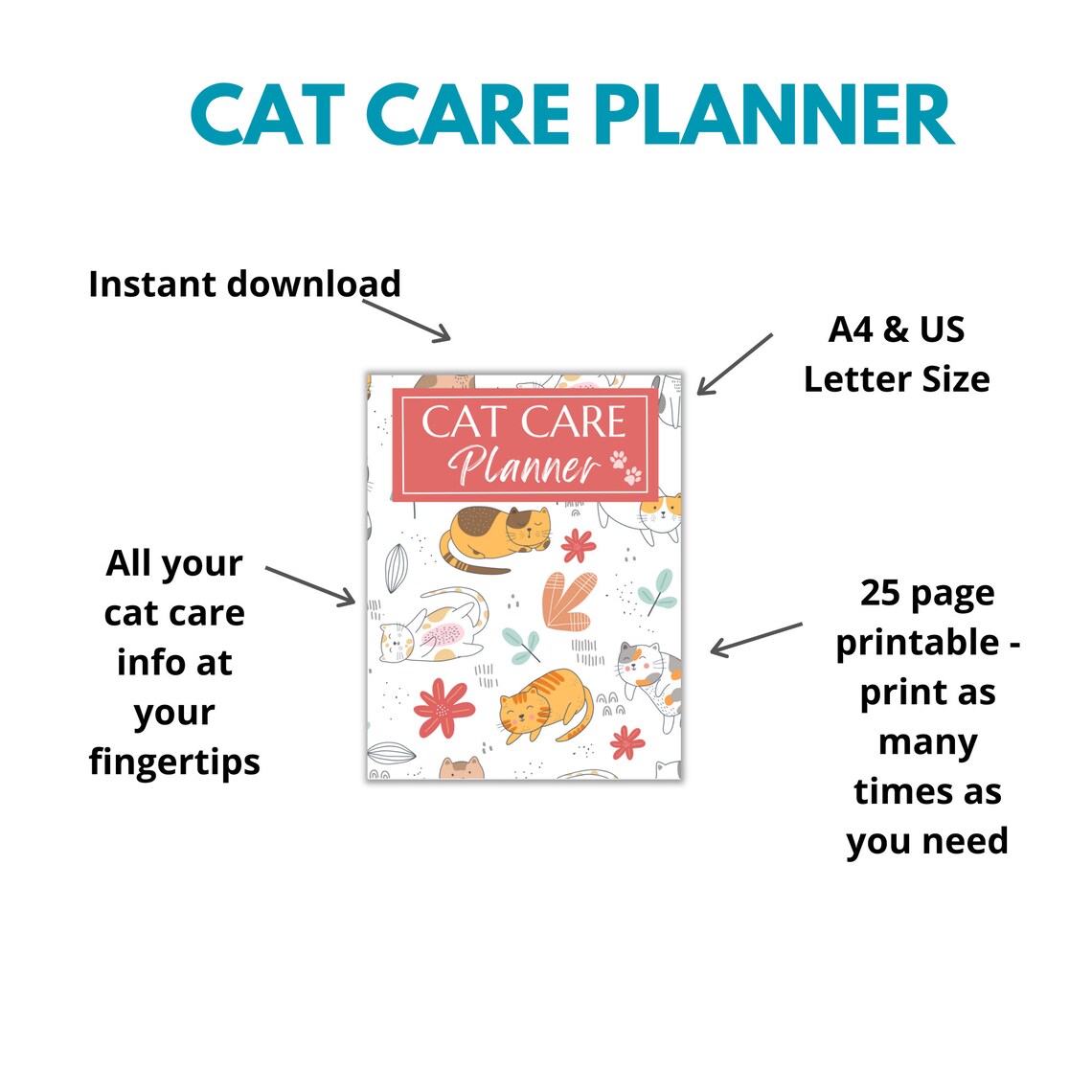 Cat Care Planner Printable, Instant Download US Letter & A4, Cat Care ...