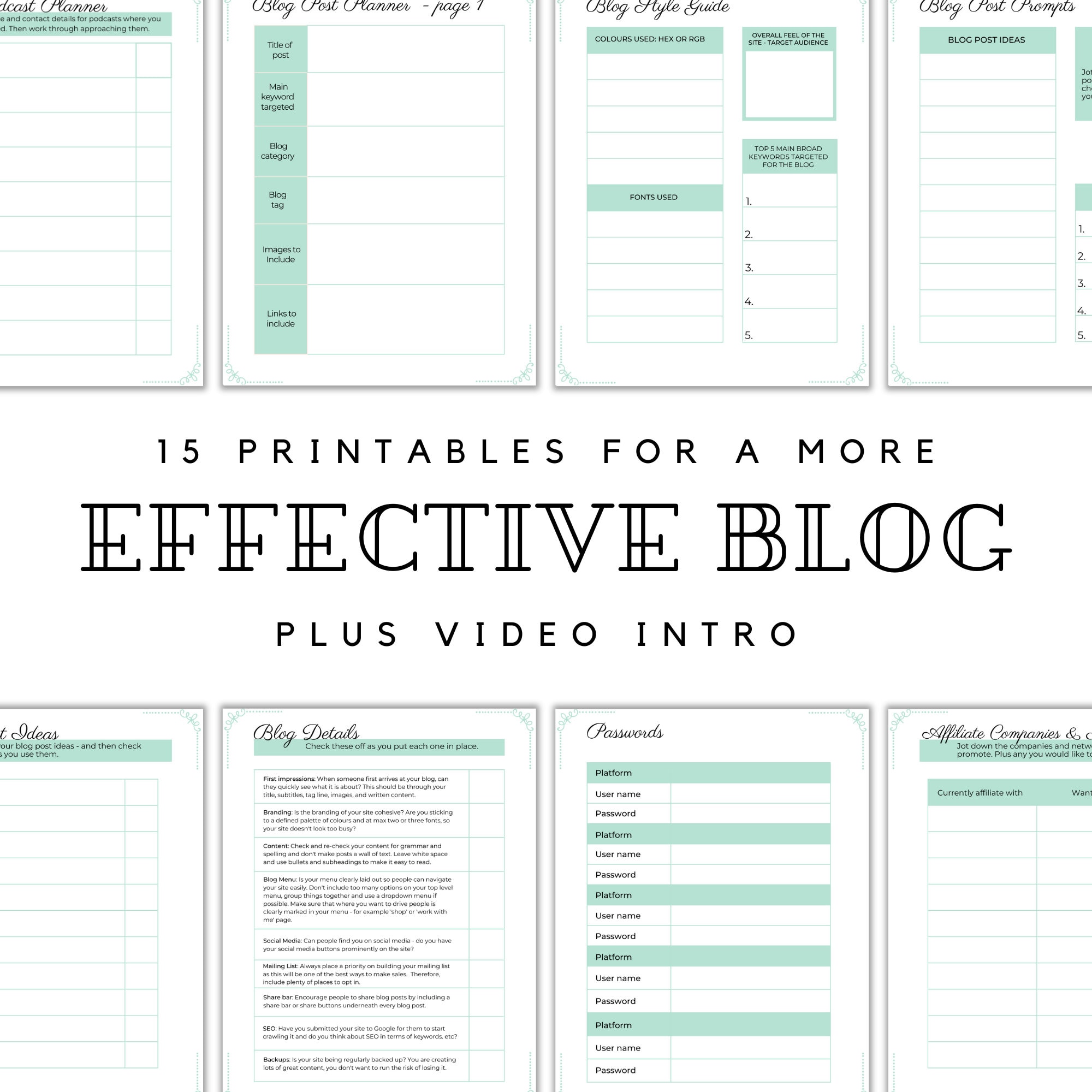 Blog Planner Printables Pack, Soft Green | Blog Planner, Editorial ...