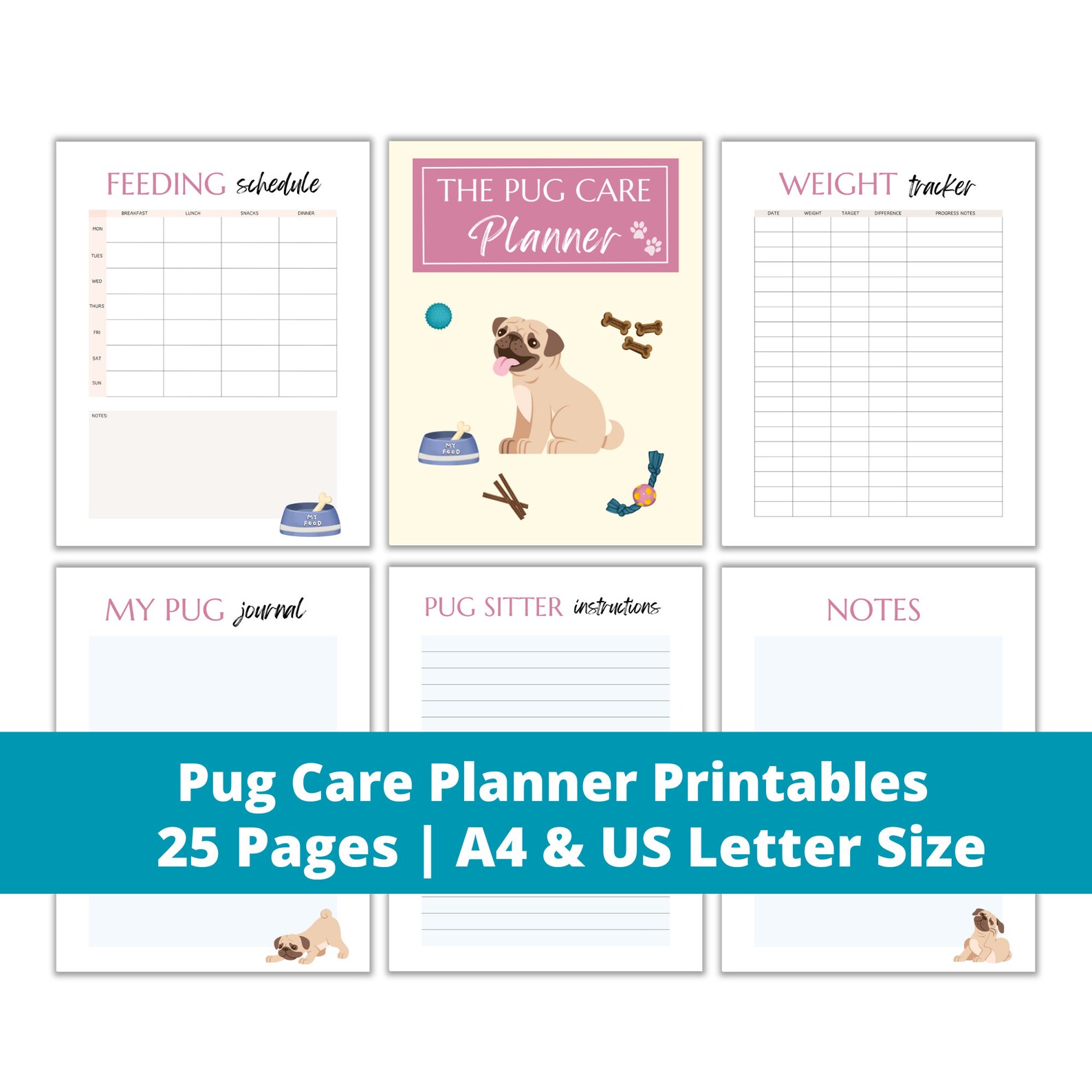 Dog Care Planner Printable: Pug, Instant Download US Letter/a4, Dog ...