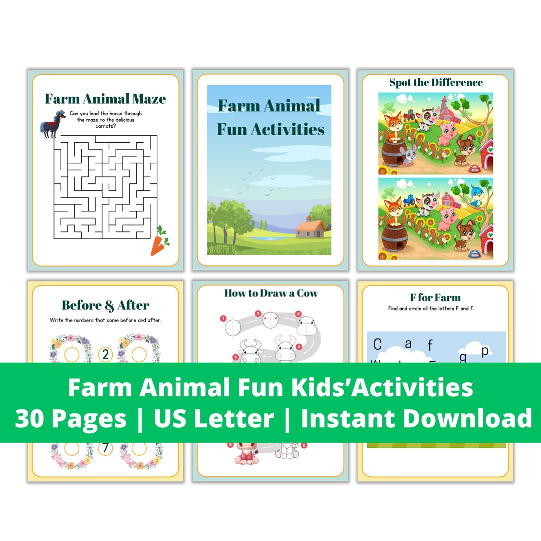 Farm Animal Fun Kids' Activities, US Letter Size, Printable Farm ...