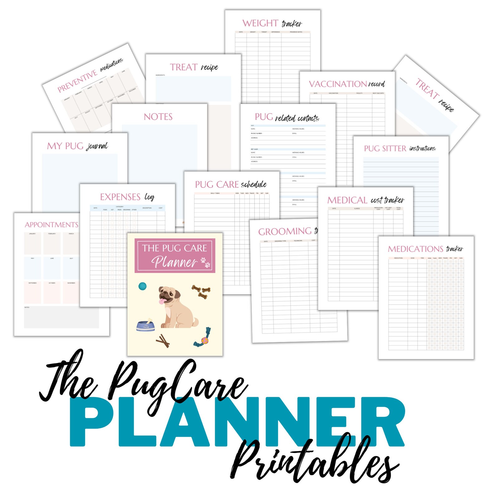 Dog Care Planner Printable: Pug, Instant Download US Letter/a4, Dog ...