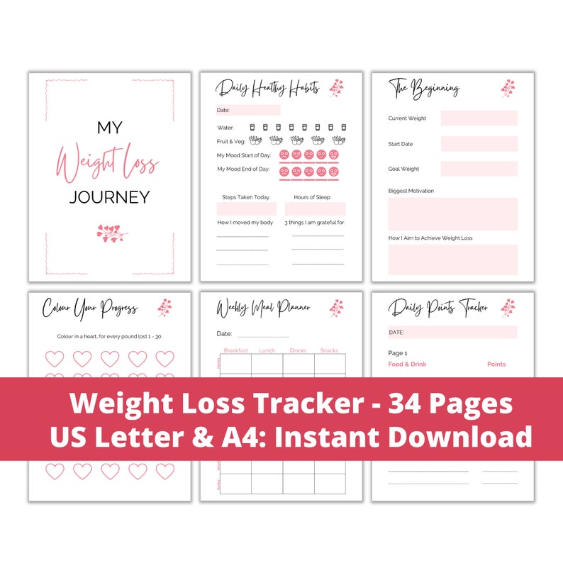 Weight Loss Tracker Printable: Pink, Instant Download PDF US Letter ...