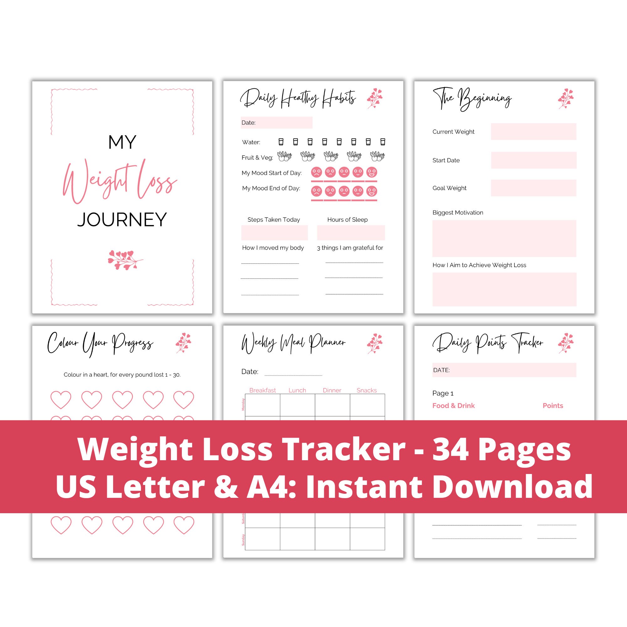 Weight Loss Tracker Printable: Pink, Instant Download PDF US Letter ...
