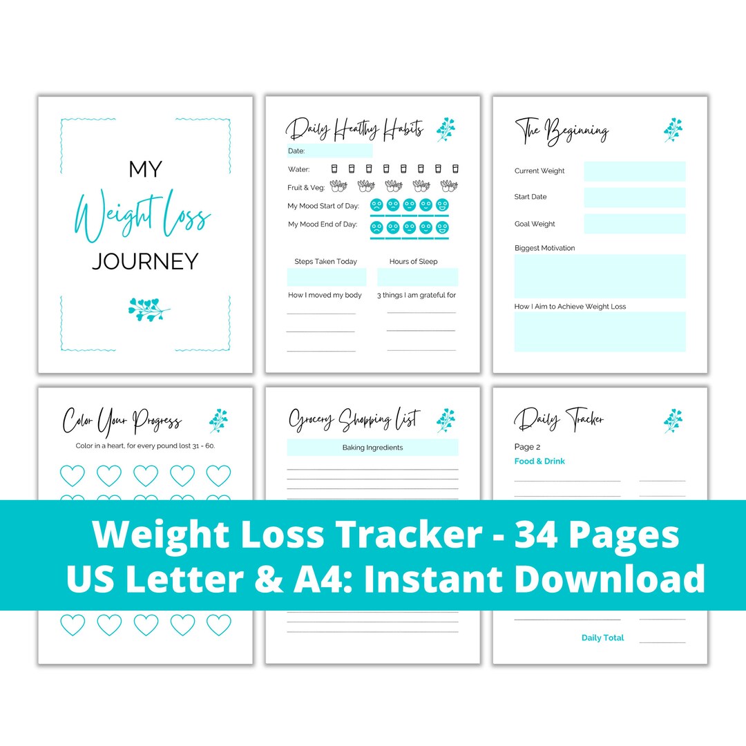 Weight Loss Journal Printable: Aqua, Instant Download PDF US Letter ...