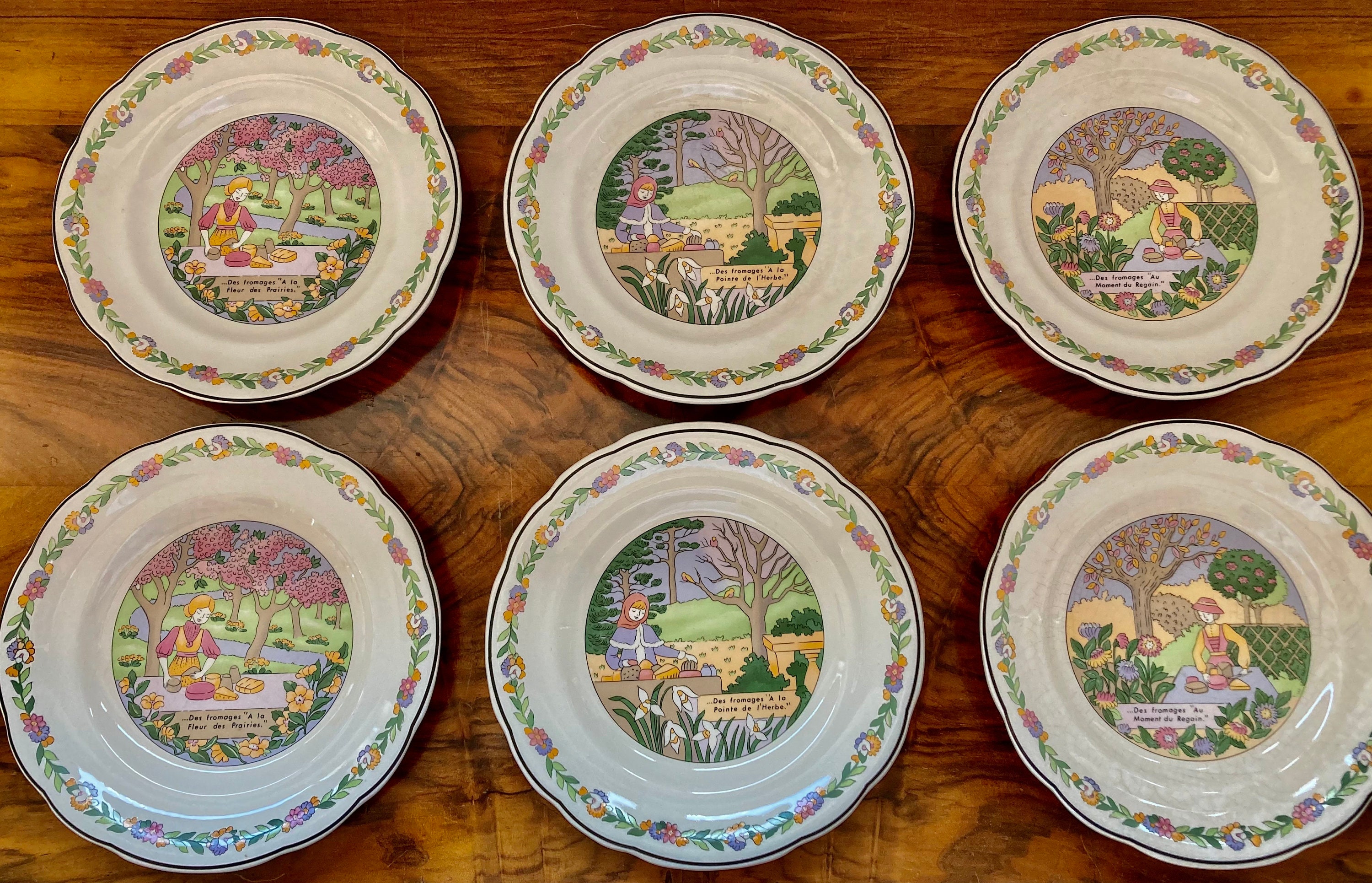 Gien: Set of 6 Cheese Plates Depicting the 3 Seasons in Which Cheese is ...