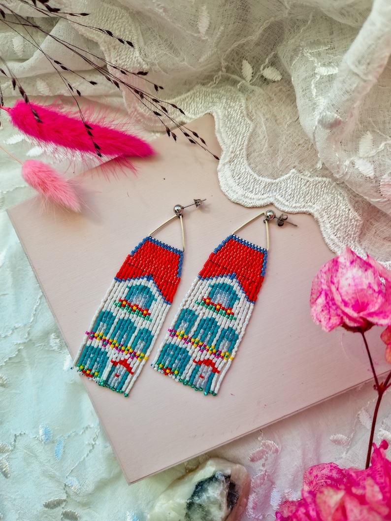House Shape Earrings, Beaded Long Earrings, Statement Jewelry, Fun ...