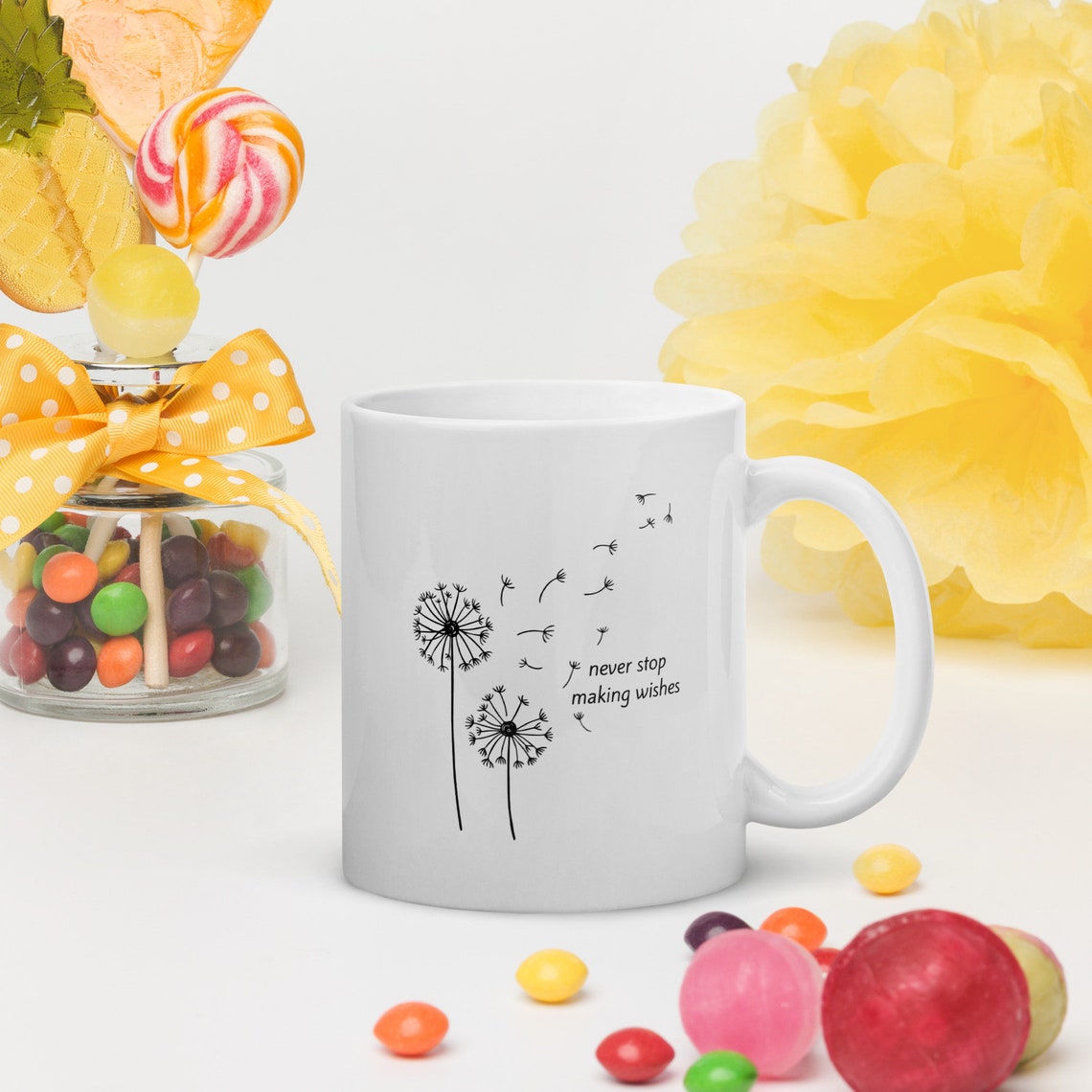 Never Stop Making Wishes Coffee Mug, Make a Wish Cup, Dandelion, Flower ...