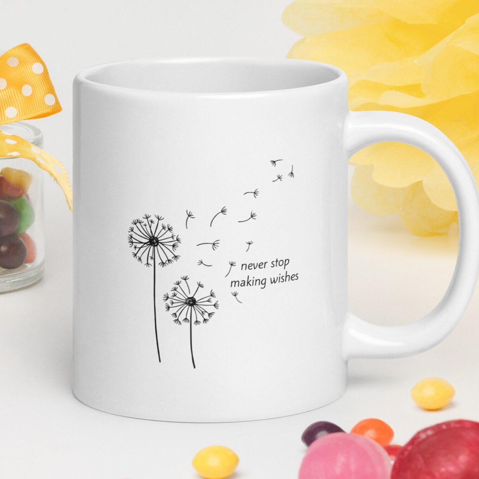 Never Stop Making Wishes Coffee Mug, Make a Wish Cup, Dandelion, Flower ...