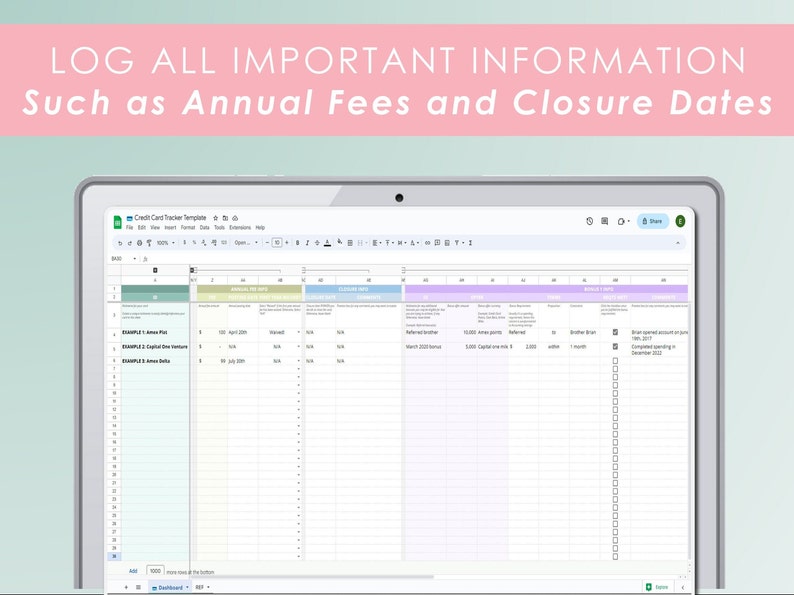 Credit Card Information Tracker Google Sheets (annual Fee, Sign up ...