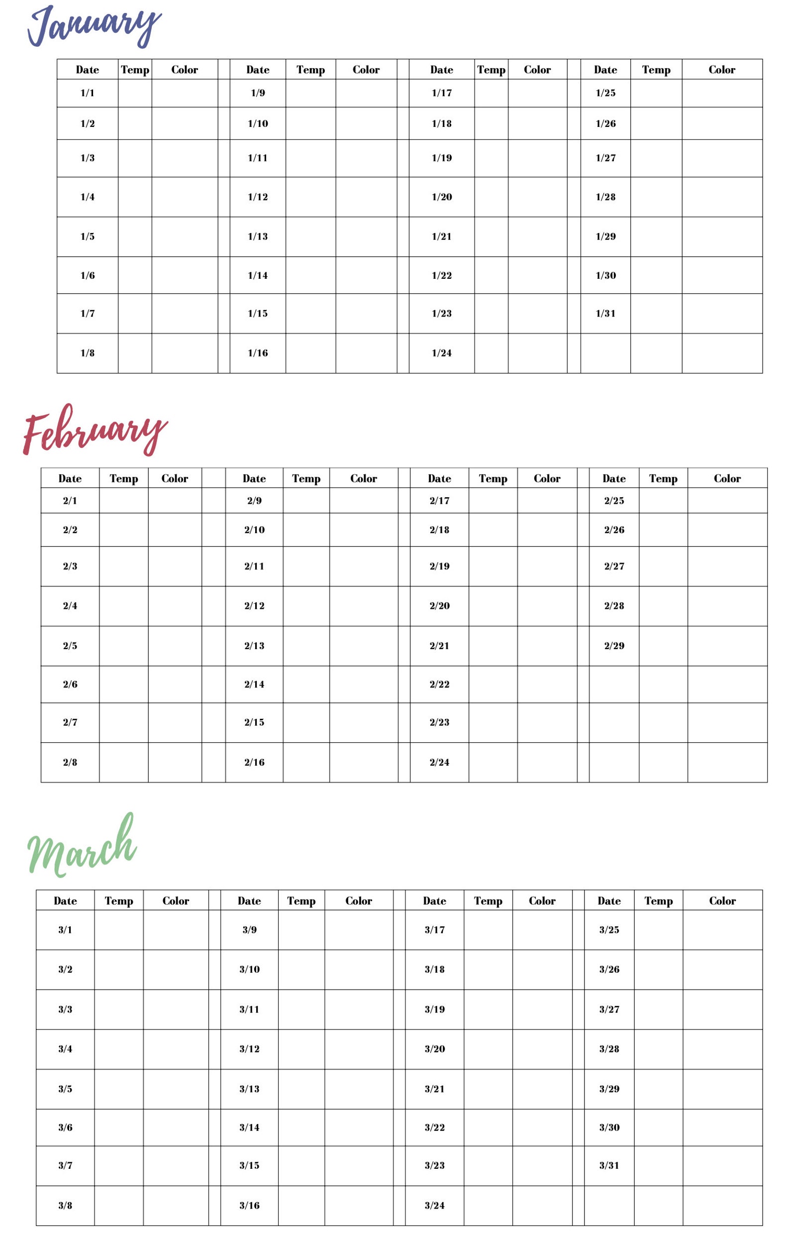 Color Chart for Temperature Blanket - Includes Leap Year! - Etsy