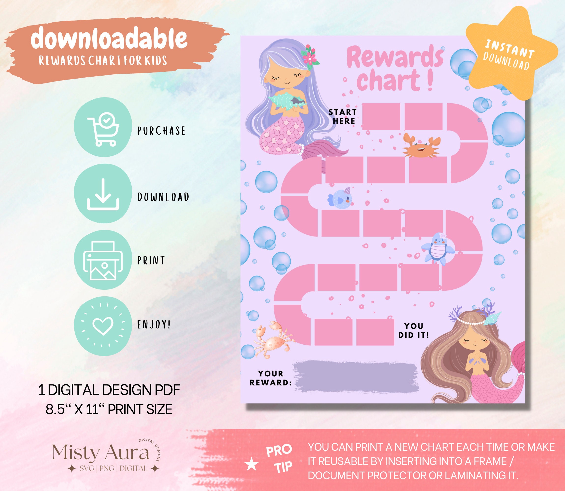 Printable Mermaid Reward Chart | Mermaid Chart | Daily Chore Chart ...