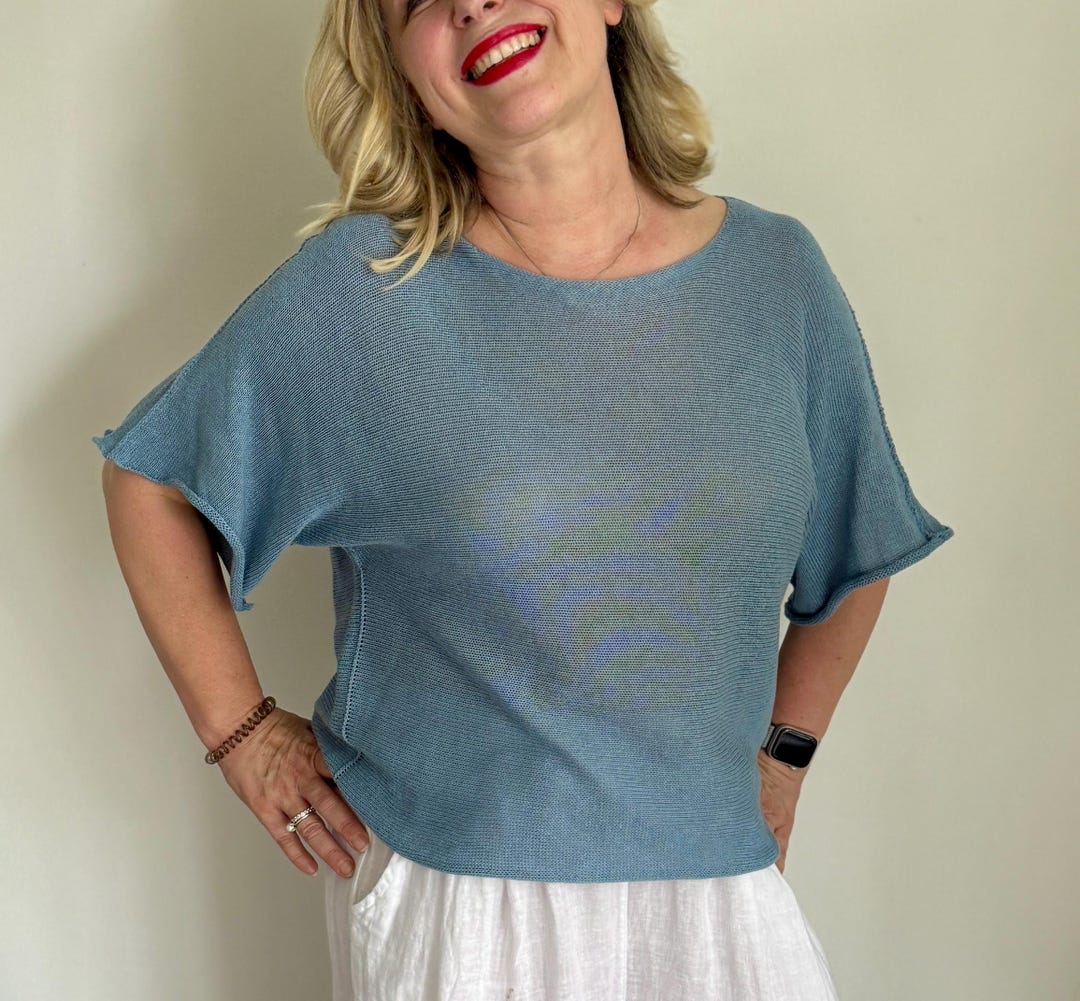Blue Cotton Knitted Women – Lightweight Knit Top, Petite Loose Fit ...