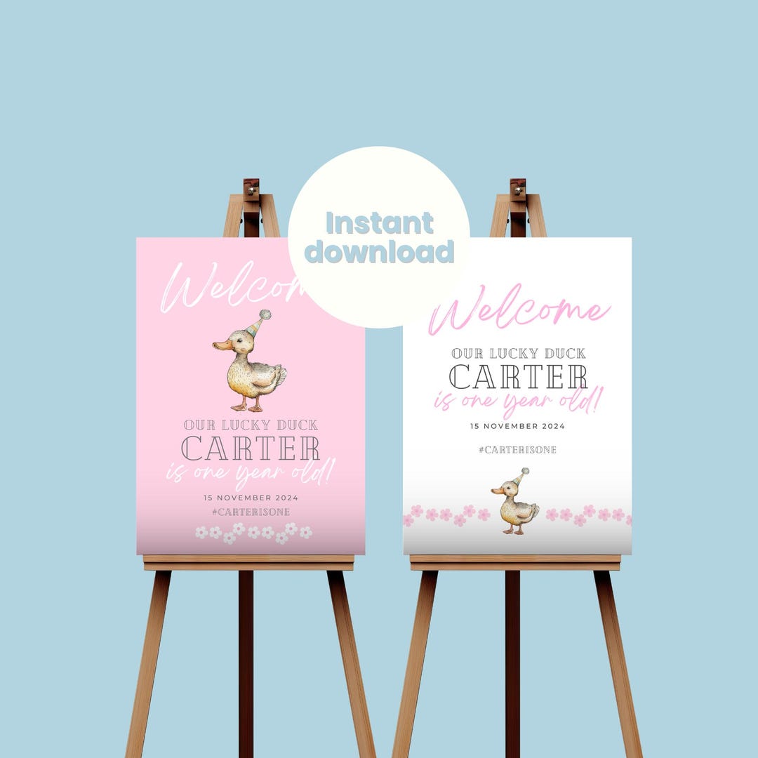 One Lucky Duck Welcome Signs in Two Colours Birthday Pink Girl Matching ...