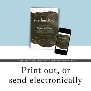 100th Birthday Party Invitation Sparkle Black Monochrome Gold Grey ...