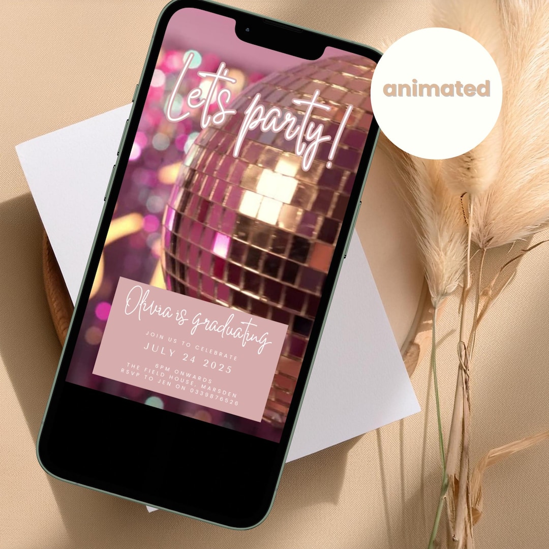 Graduation Party Let's Party Invitation, Disco Ball, Glitter Ball, Pink ...