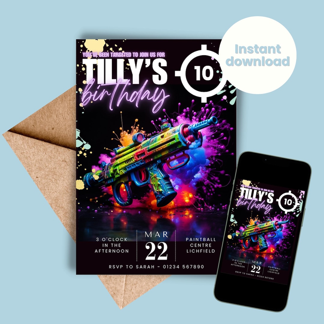 Paintball Birthday Party Invitation, Girls Boys Birthday Invite ...