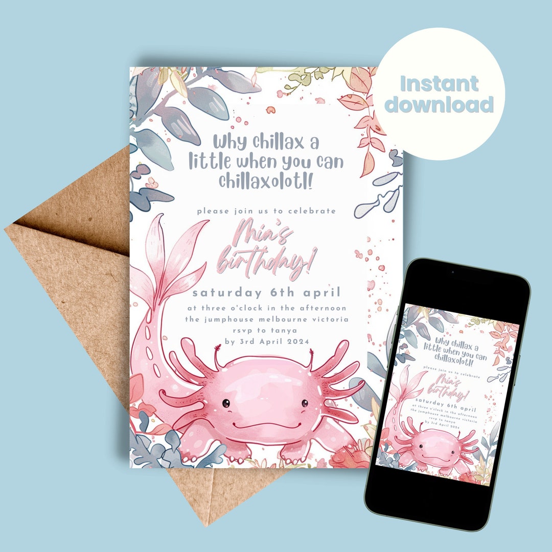 Axolotl Birthday Party Invitation INSTANT DOWNLOAD Girls Pink Birthday ...